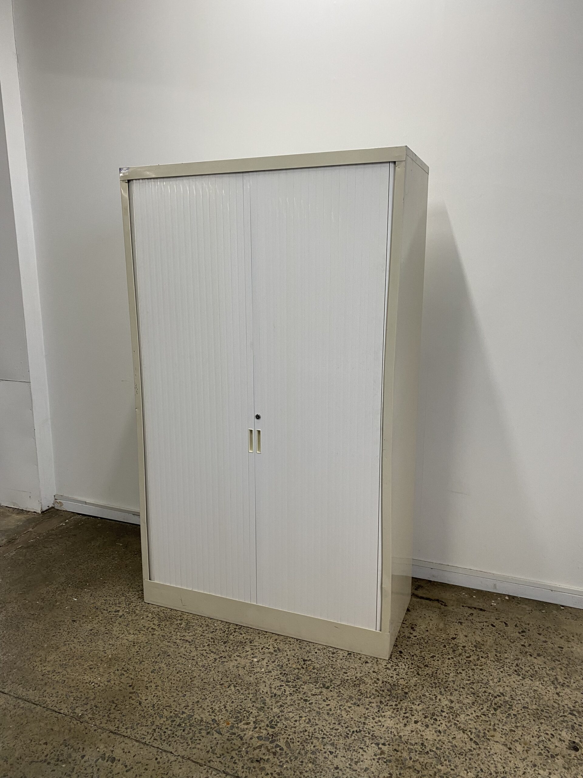 Second Hand Lockable Sliding Door Tambour Cabinet-White and Beige ...