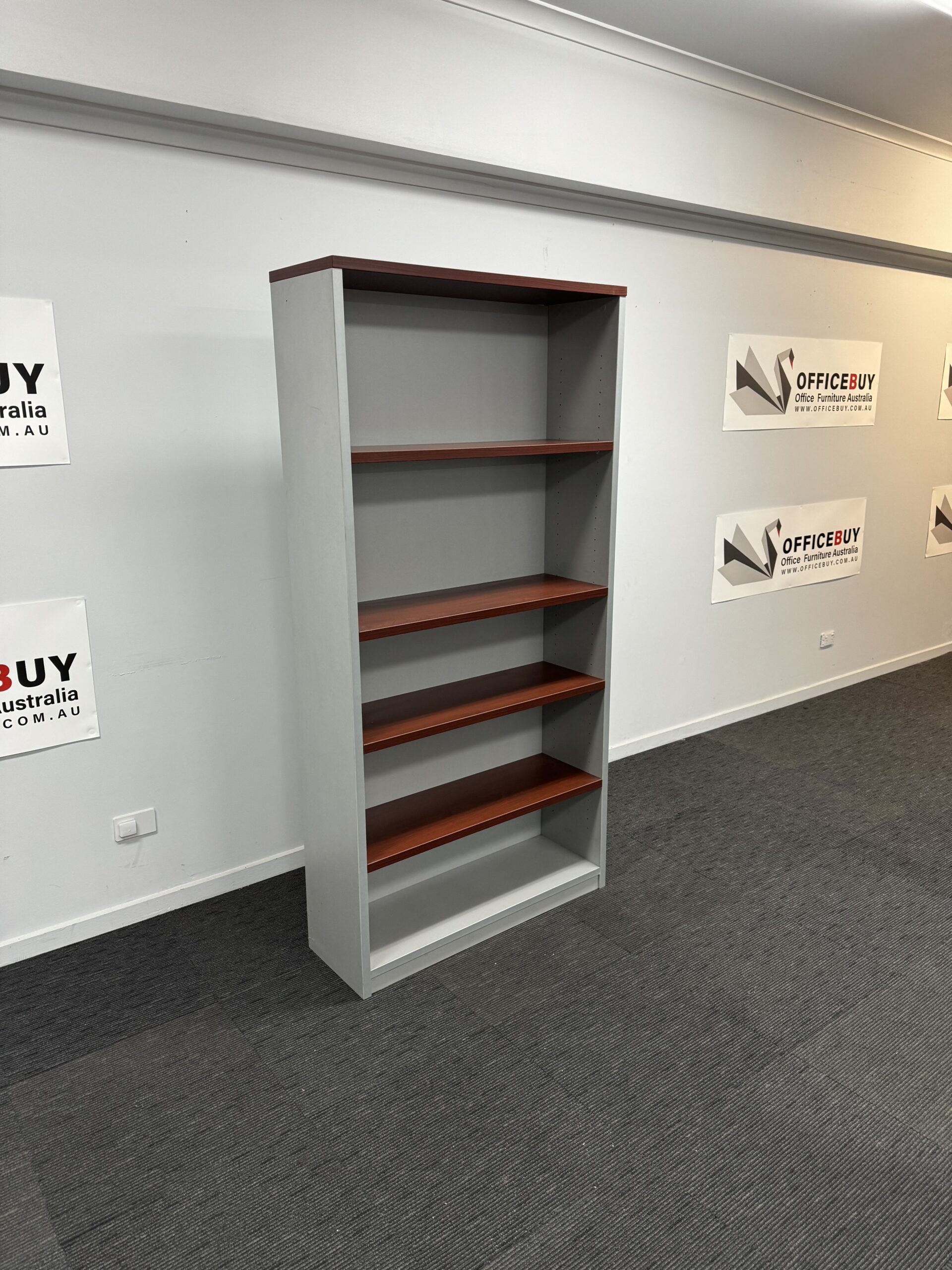 Second Hand Bookcase with Solid Back-Jarrah and Brushed Silver-1800mm x ...